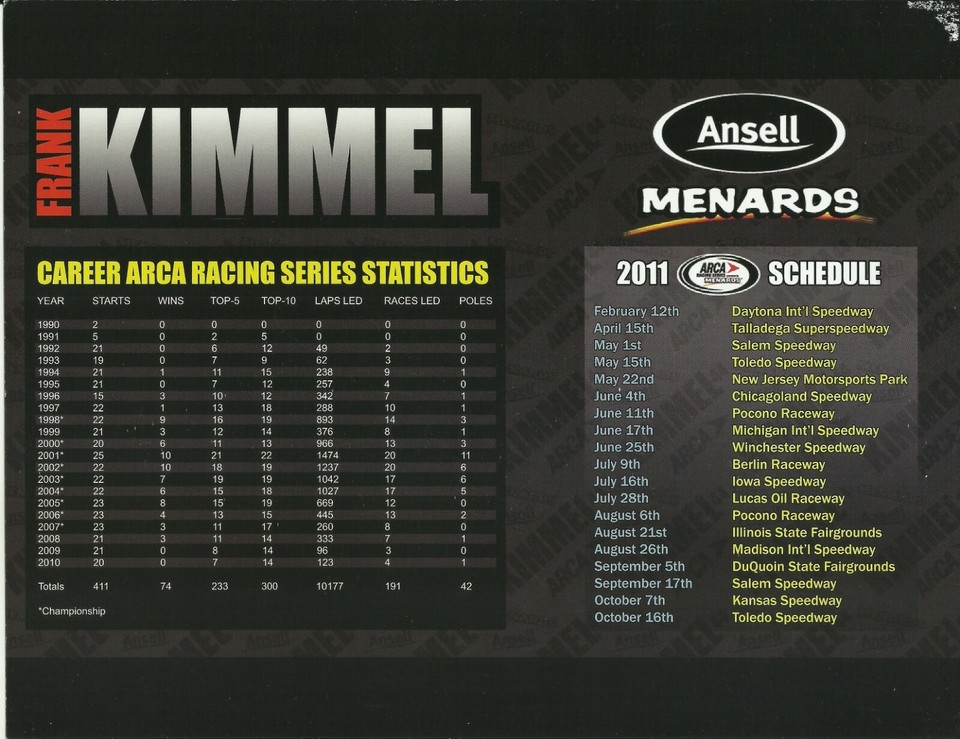 Frank Kimmel ARCA Racing Original Autograph 8x11 Signed Hero Card | eBay