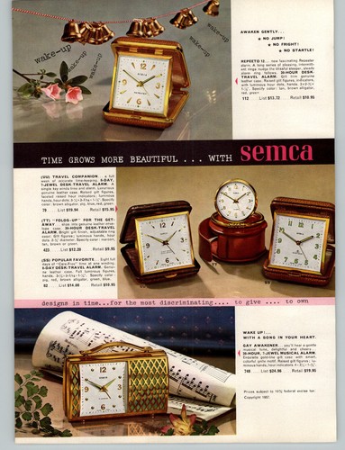 1957 PAPER AD 4 PG Semca Travel Alarm Clocks COLOR Wall Sunburst Two ...