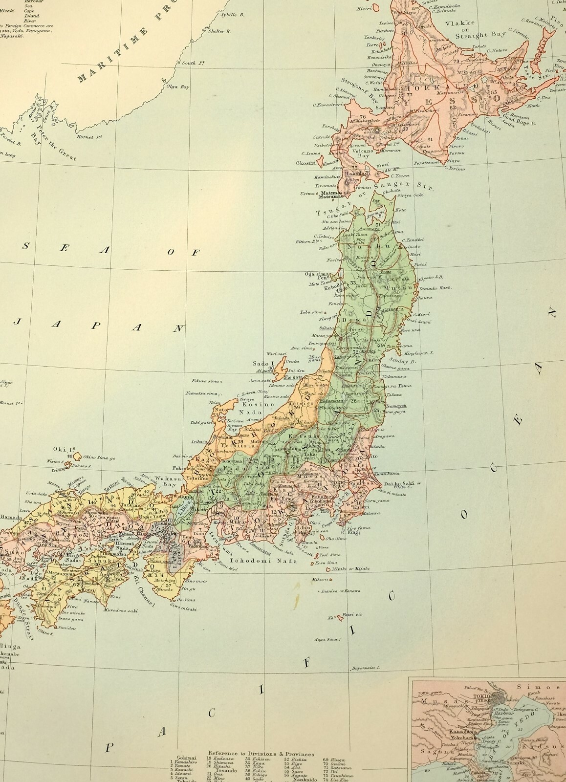 1882 ANTIQUE MAP ~ JAPAN YESSO HOKKAIDO NIPHON SIKOK ENVIRONS OF TOKIO ...