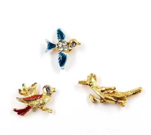 Lot 3 Gold Tone Bird Lapel Pins Rhinestone Enamel Blue Red Birds ...