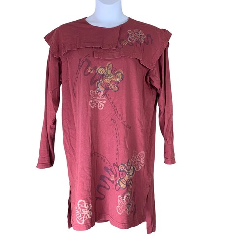 Blue Fish Dress Size Large Long Sleeved Handpainted Floral Print Fold ...