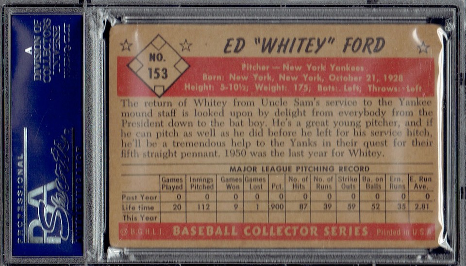 1953 Bowman Color 153 Whitey Ford HOF. PSA 2 GOOD HIGH NUMBER. (TX6730 ...