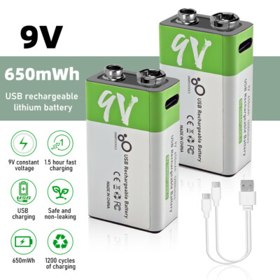 9V 9 Volt USB Lithium Ion Rechargeable Batteries 5V Fast Charger Type-C ...