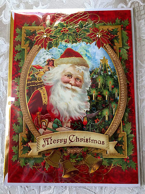Punch Studio OLD FASHIONED SANTA CHRISTMAS CARD. JEWELED. FOIL ENVELOP ...