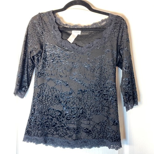 Arianne Black Velvet-Texture Lace Sheer Top ( M ) Gothic Romantic Style ...