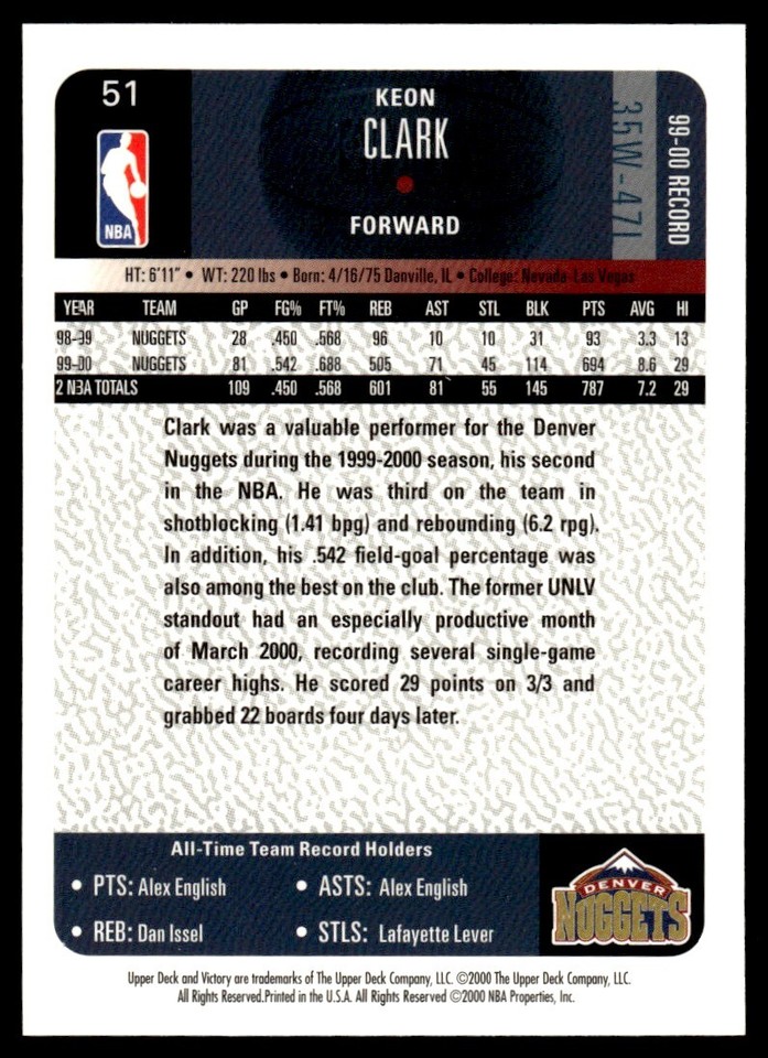 2000-01 Upper Deck Victory Keon Clark Denver Nuggets #51 | eBay