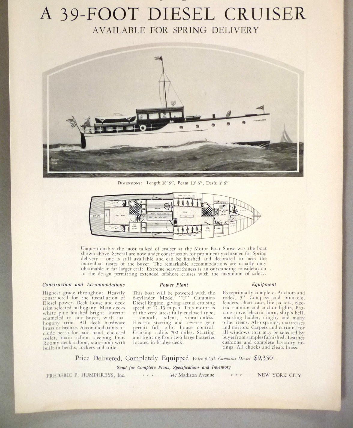 39-Foot Diesel Cruiser Boat PRINT AD - 1928 ~~ Frederic P. Humphreys | eBay