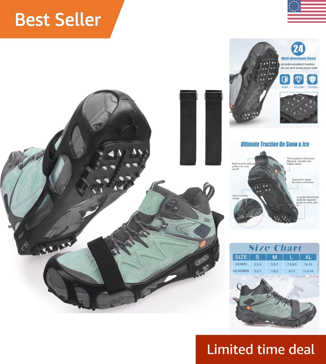 24 Steel Spikes Ice Cleats for Ultimate Snow Traction - Non-Slip Overshoe