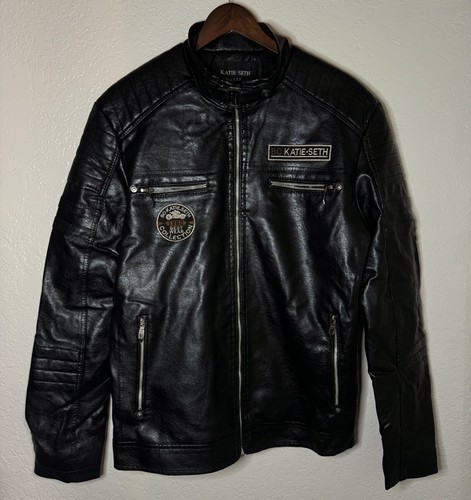 BO Katie Seth Mens Leather Full Zip Pocket Black Bomber Jacket Size ...