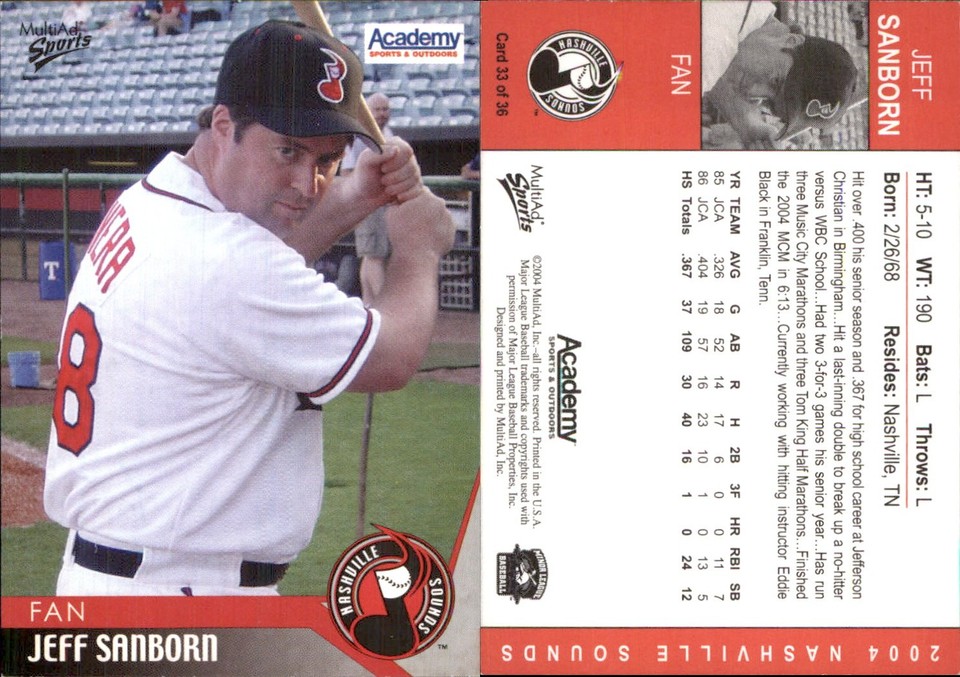 Jeff Sanborn 2004 MultiAd Nashville Sounds #33 RC Card FREE SHIP ...
