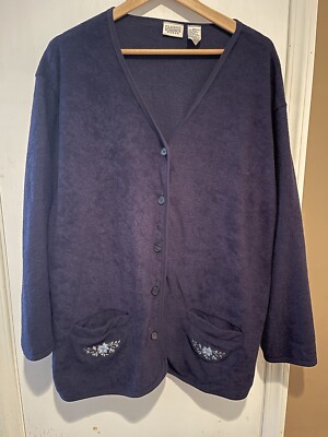 VINTAGE CLASSIC ELEMENTS BLUE EMBROIDERED FLORAL FLEECE BUTTON UP ...
