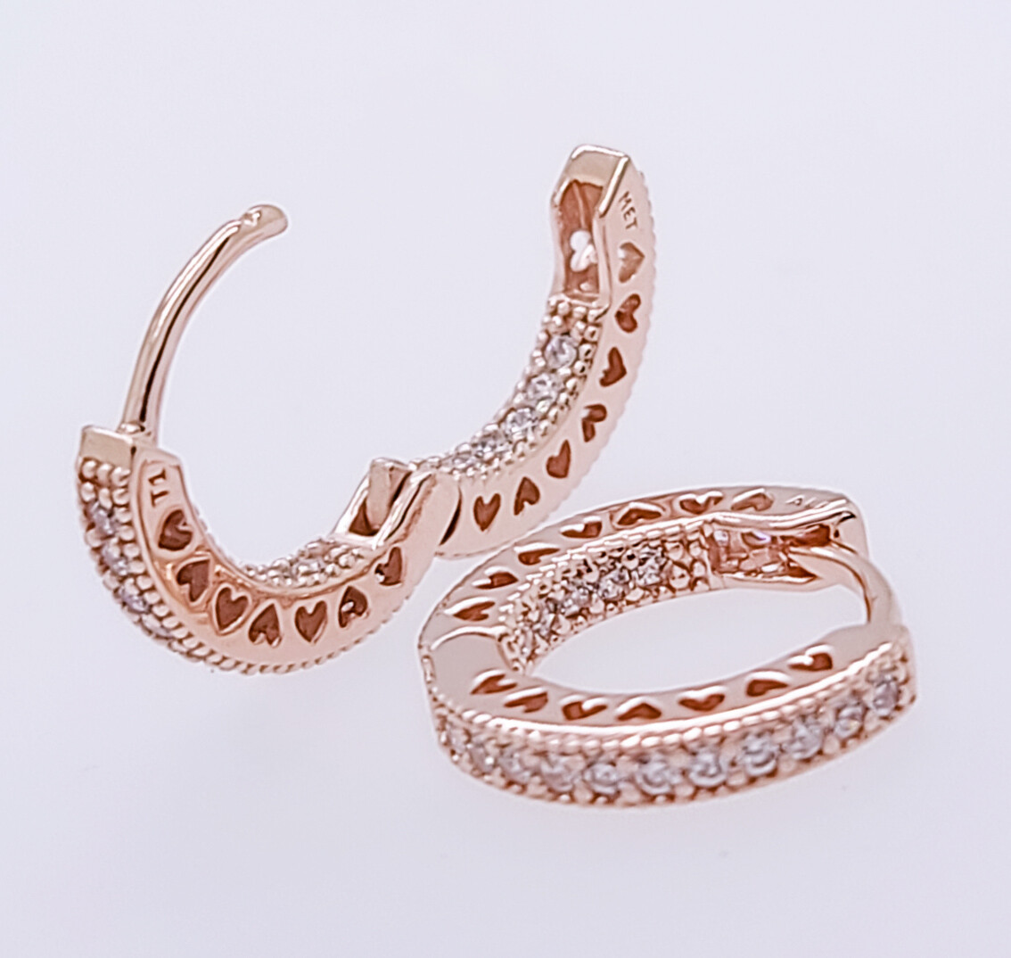New 100% Authentic PANDORA Rose 14k Gold Pavé Heart Hoop Earrings ...