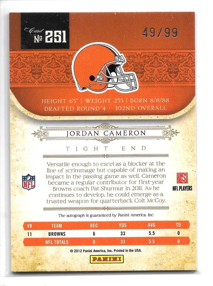 2011 National Treasures JORDAN CAMERON AUTO AUTOGRAPH RC SP #49/99 ...