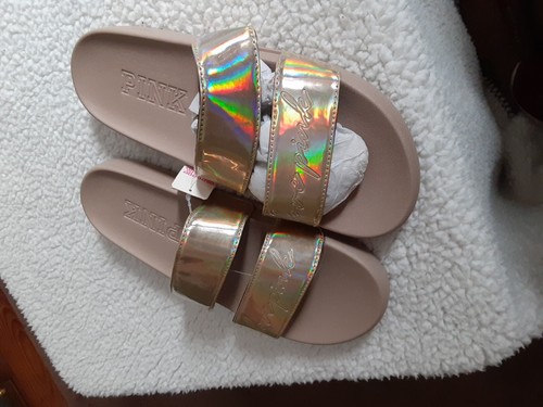 VICTORIA SECRET PINK Gold Metallic Iridescent Logo Slides Large 9-10 ...
