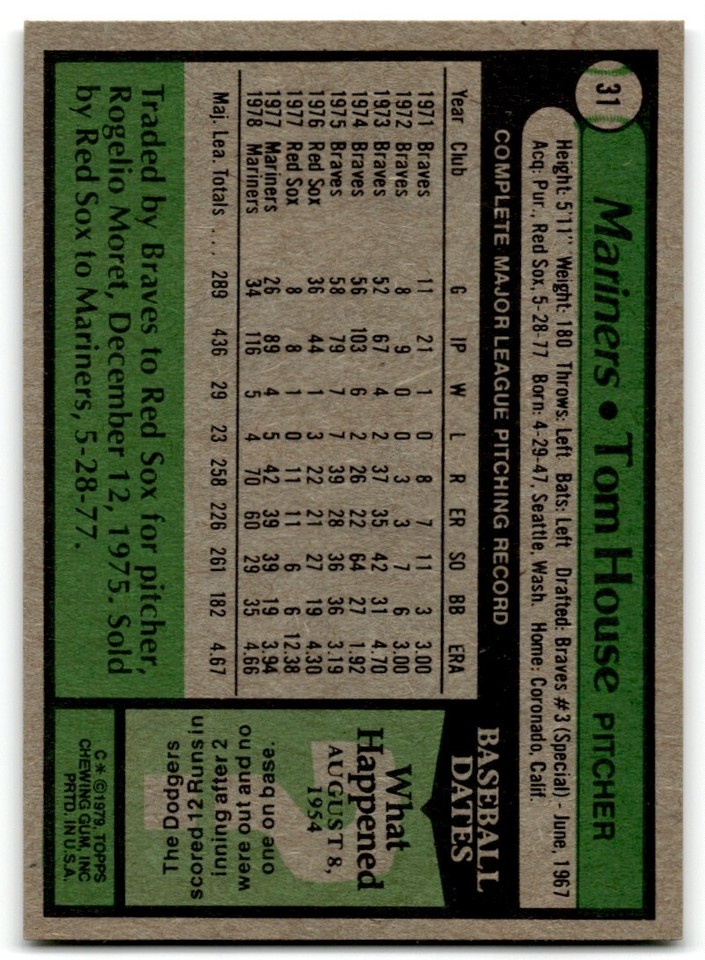 1979 Topps Tom House Seattle Mariners #31 | eBay