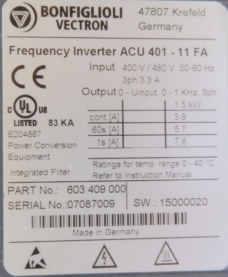 Frequency Inverter ACU 401-11 FA, BONFIGLIOLI VECTRON | eBay