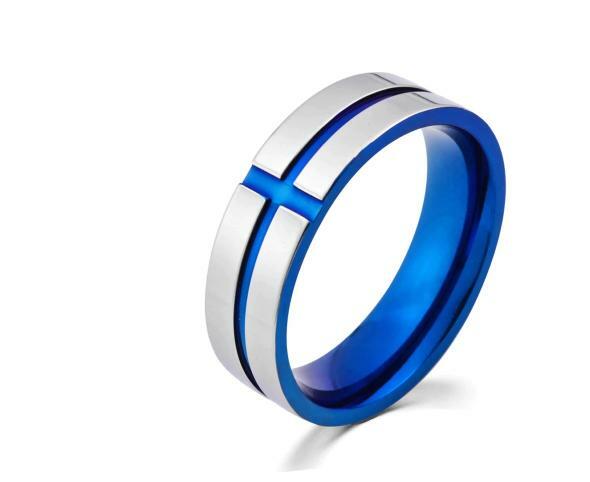 Mens Blue Tungsten Cross Ring Sz 10 High Polish | eBay