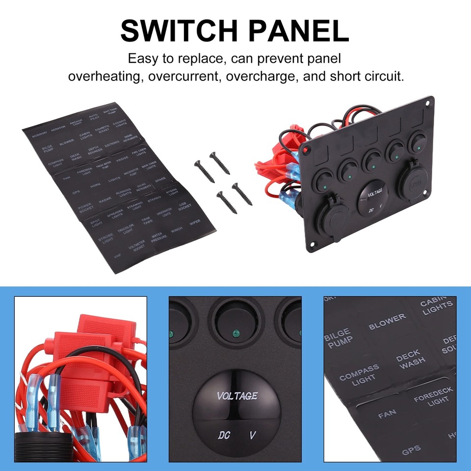 5 Gang 12V/24V Inline-Fuse Box LED Switch Panel Dual USB Car Boat Truck ...
