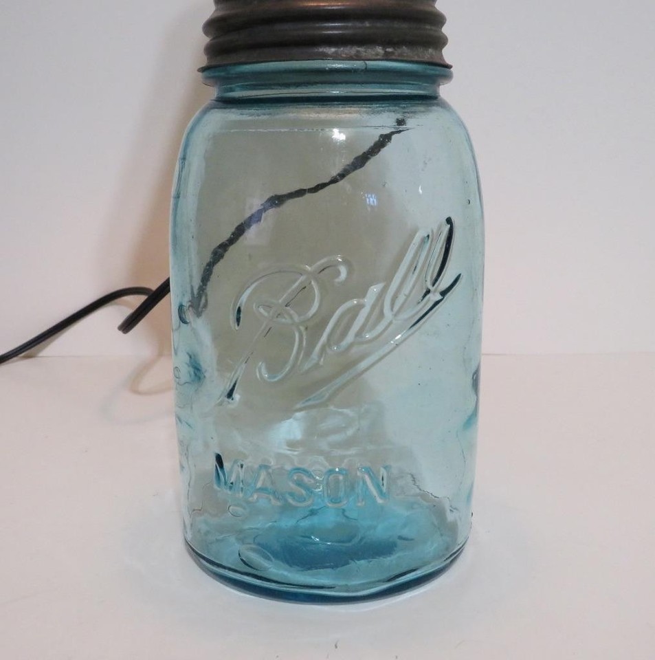Vintage Primitive Blue Ball Mason Jar Lamp / Night Light with Punched ...