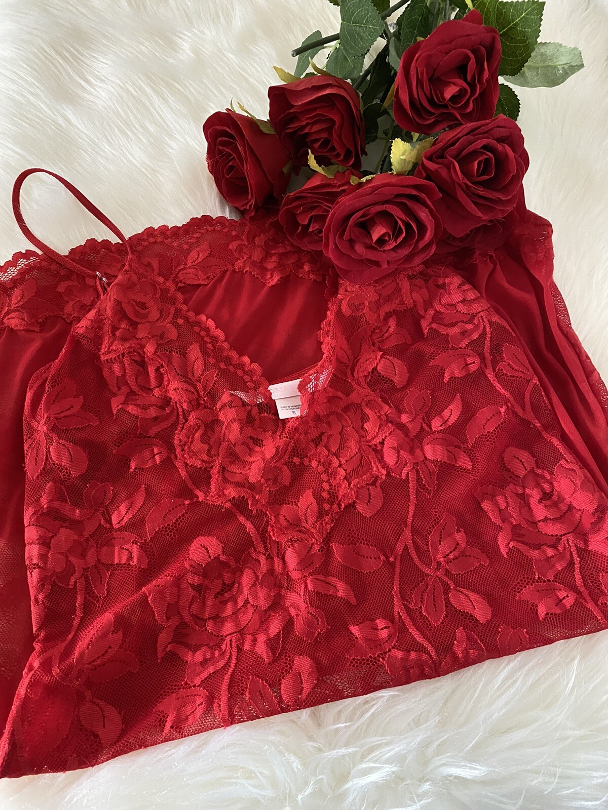 Victoria's Secret Red Rose Lace Sheer Slip Dress Adju… - Gem