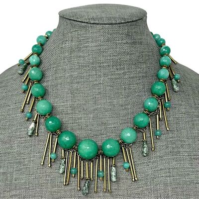 ANTHROPOLOGIE BRASS METAL GREEN STONE STATEMENT NECKLACE NWT | eBay