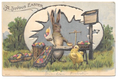 C.1910 CHICK BUYING EASTER EGGS WEIGHT BUNNY SCALE ANTHROPOMORPHIC ...