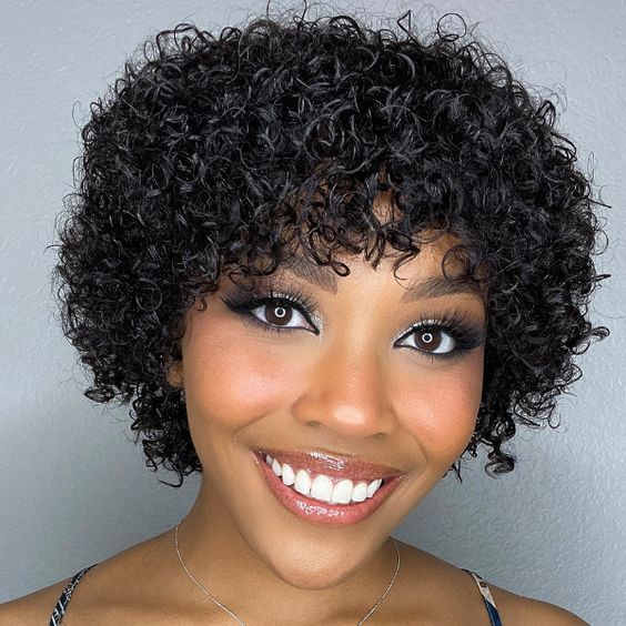 Short Peruvian Curly Human Hair Wigs with Bangs Kinky Curly Afro Wigs ...