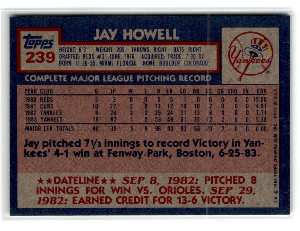 1984 Topps BASEBALL #239 Jay Howell New York Yankees | eBay