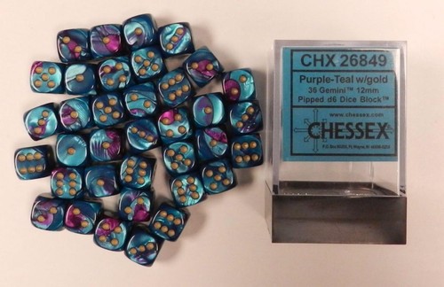 Chessex Dice d6 Sets Gemini Purple &Teal Gold 12mm Six Sided Die 36 CHX ...
