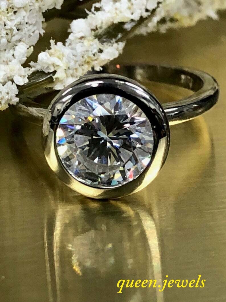 2.98CT Round Lab-Created Diamond Bezel Set Solitaire Ring 14K White Gold Finish | eBay