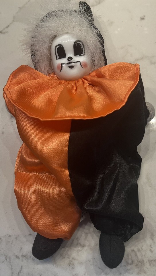 Vtg Porcelain Head Halloween Clown Stuffed Body Doll 8" Orange + Black ...