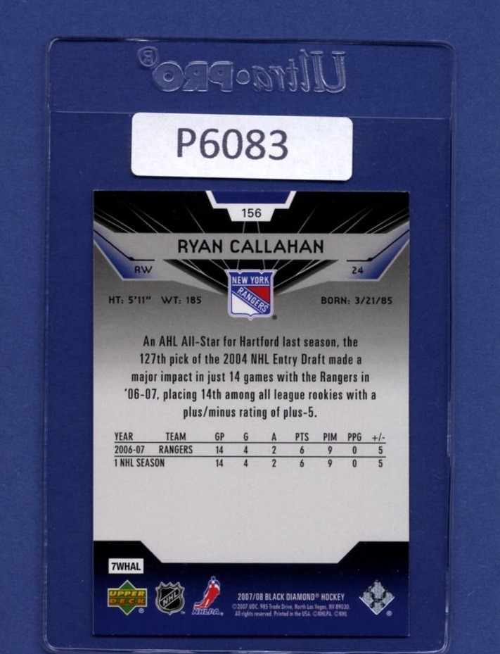 2007-08 UD Black Diamond Ryan Callahan RC Rookie Gems #156 (Pack Fresh ...