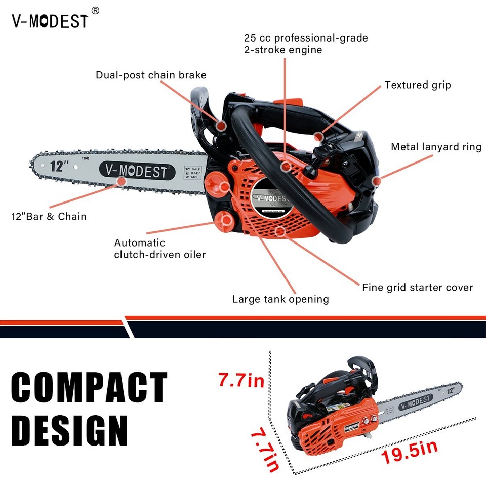 V-MODEST 2511 12" Top Handle Gas Chainsaw 25CC Compact Climbing Saw w/1 ...