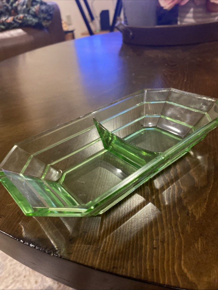 Vintage Uranium Glass Divided Relish Condiment Appetizer Trinket Dish ...