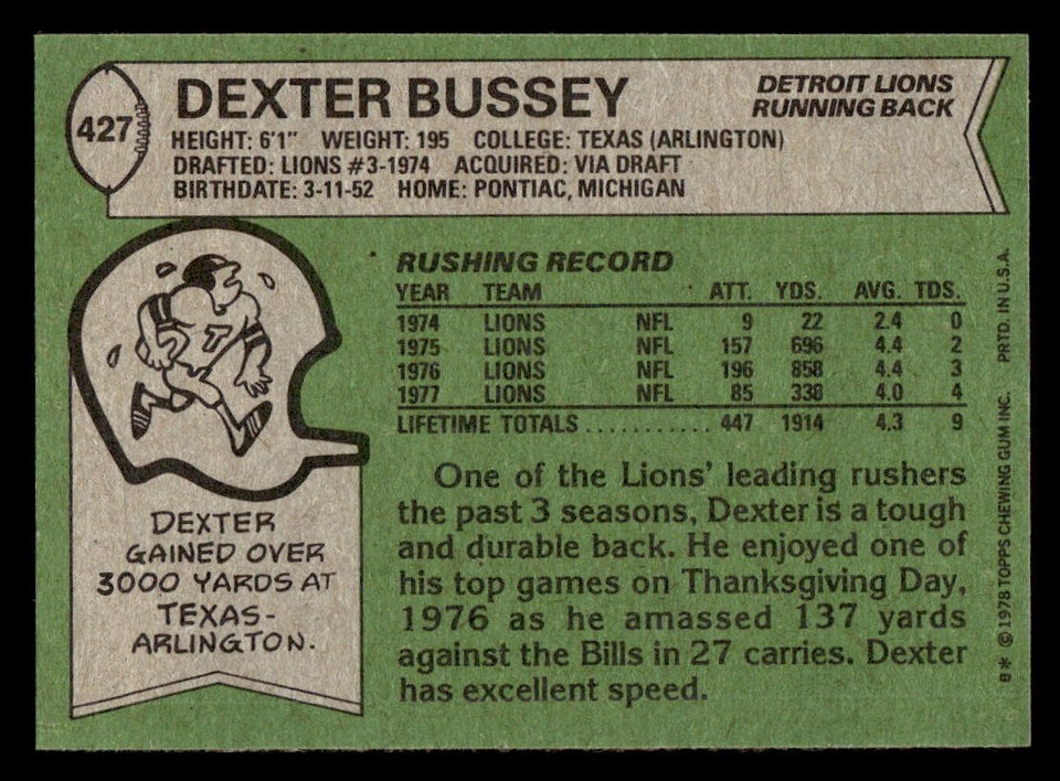 1978 Topps Dexter Bussey #427 Detroit Lions Football Card | eBay