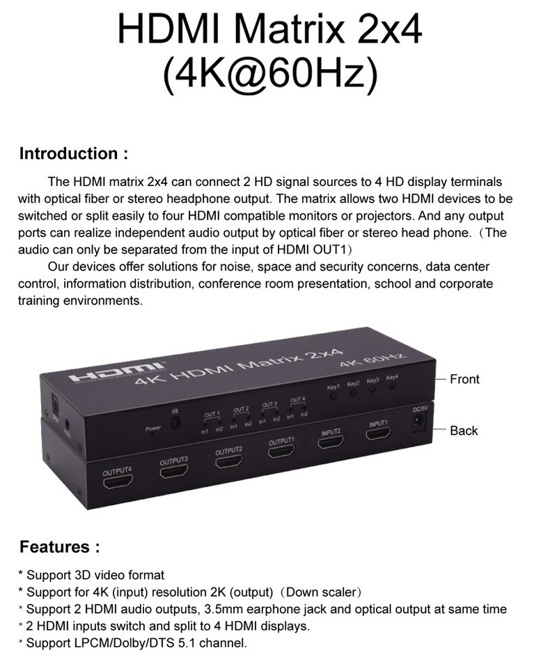 4k HDMI Matrix 2X4 Splitter 4K 60Hz 2 In 4 Out HDMI Splitter Switcher ...