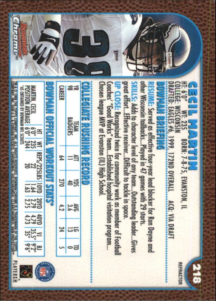 1999 Bowman Chrome Refractors Eagles Football Card #218 Cecil Martin | eBay