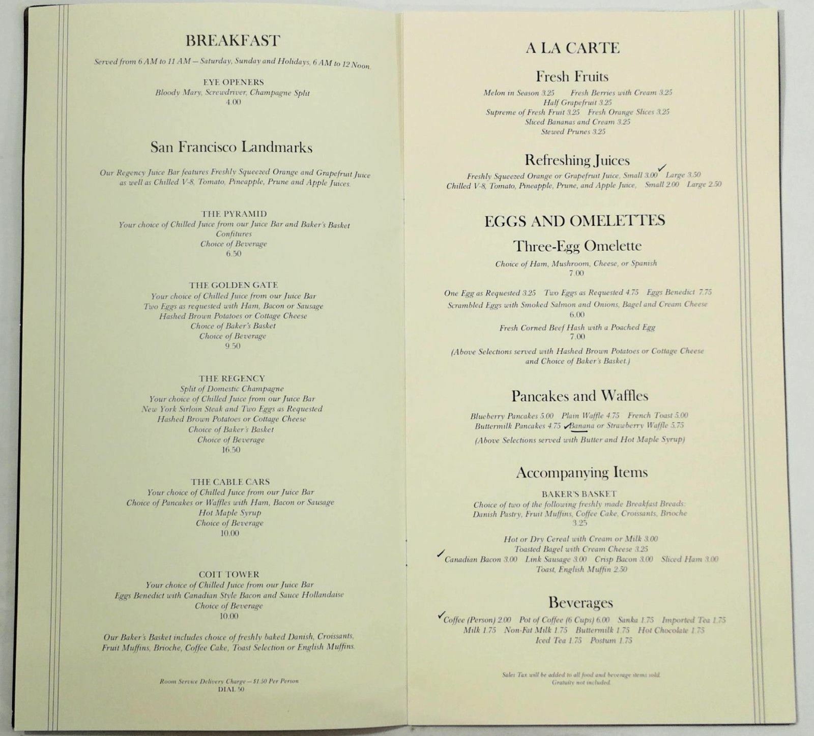 1982 Vintage Original ROOM SERVICE Menu HYATT REGENCY San Francisco Ca ...