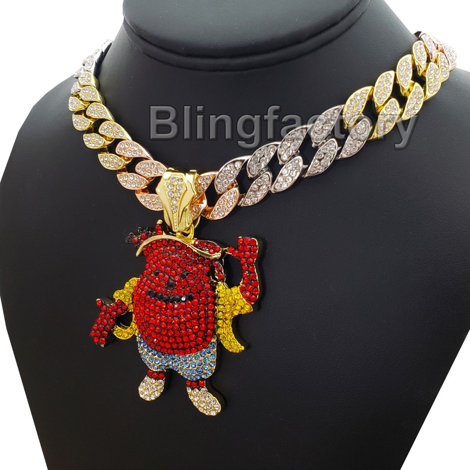 Gold Plated Kool Aid Man pendant 15mm 18" Iced Multi Color Cuban Chain ...