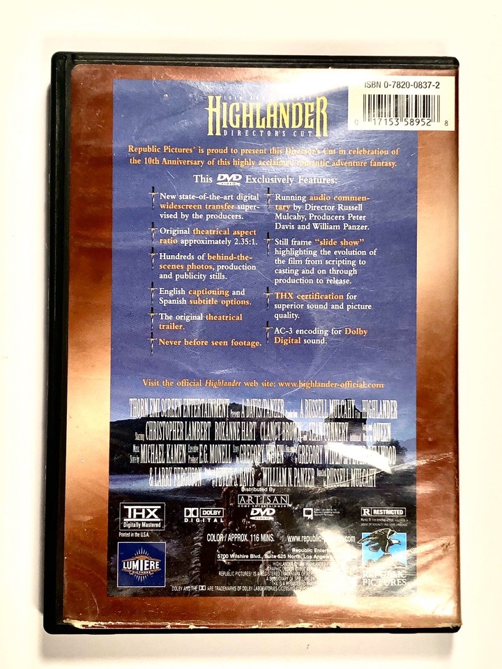 Highlander (DVD, 1997, 10th Anniversary Director's Cut) - Disc Only ...