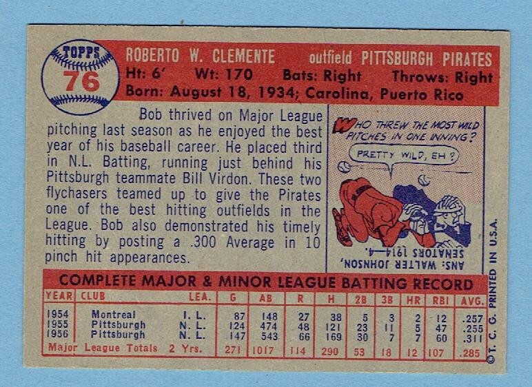 ROBERTO CLEMENTE 1958 TOPPS CARD #76 CLEAN BACK NO CREASES PITTSBURGH ...