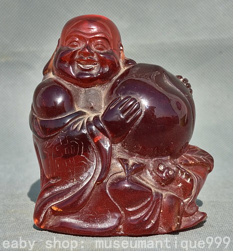 4.4'' Rare Chinese Amber Happy Laugh Maitreya Hold peach Statue ...