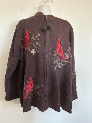 Quacker Factory Cardinal Cardigan Sweater Size 1X Zipper Brown Red ...