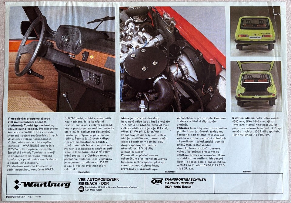 1985 IFA WARTBURG - break automobile leaflet, GDR communist auto ...