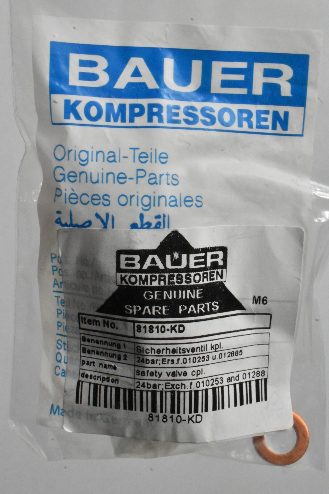Bauer Compressors 81810-KD Safety Valve 24 Bar 081810 Genuine OEM for ...