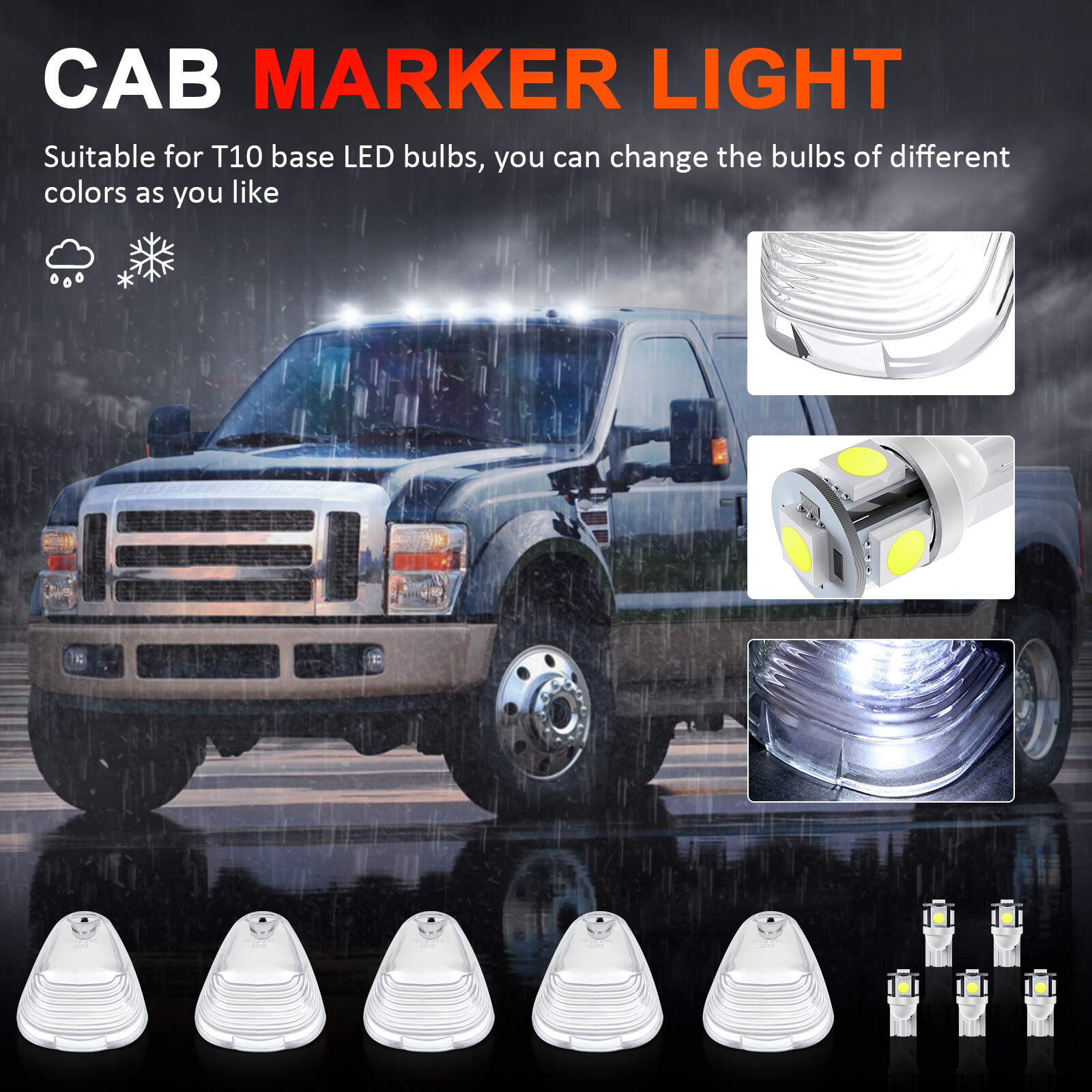 5pcs Clear Cab Roof Running Marker Lights + 5x LED Bulb For 99-11 Ford ...
