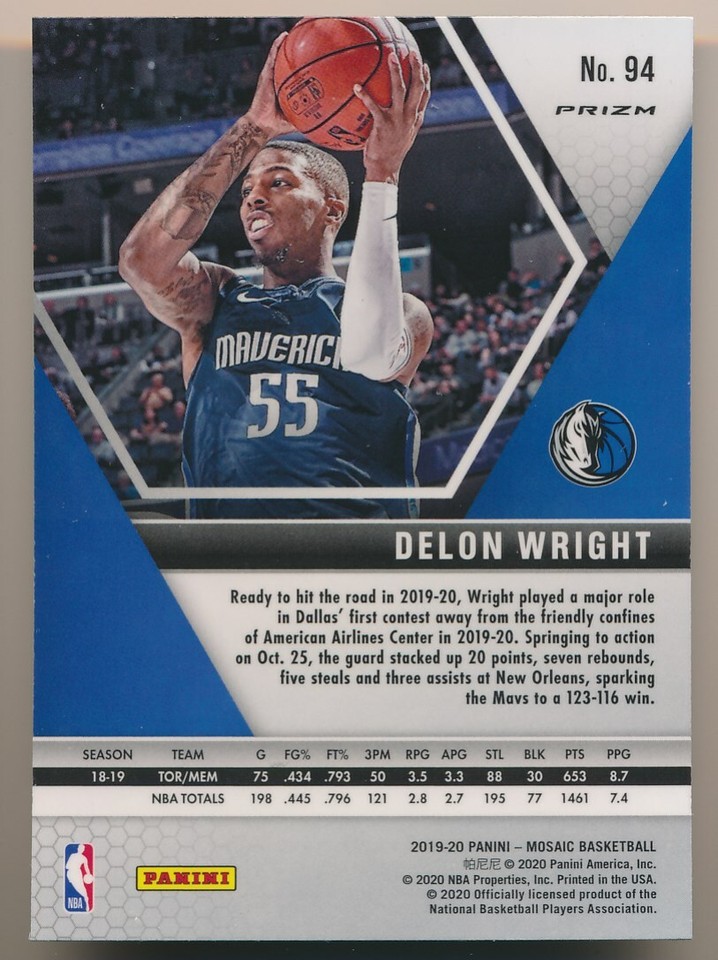#94 DELON WRIGHT 2019-20 Panini Mosaic TMALL RED WAVE PRIZM PISTONS ...