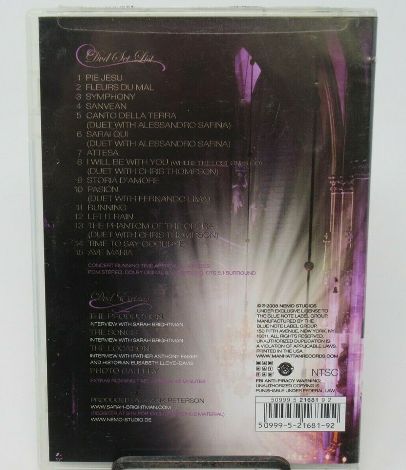 SARAH BRIGHTMAN: SYMPHONY - LIVE IN VIENNA CONCERT DVD, 15 CHAPTER ...