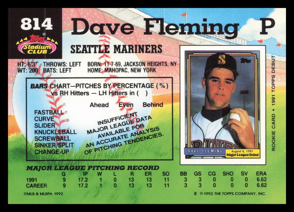 1992 Stadium Club #814b Dave Fleming Seattle Mariners Baseball Card | eBay