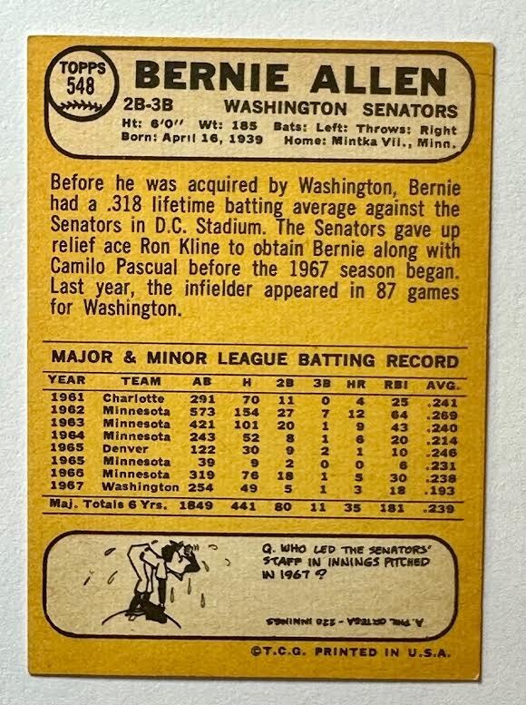 1968 Topps # 548 Bernie Allen Washington Senators NM | eBay
